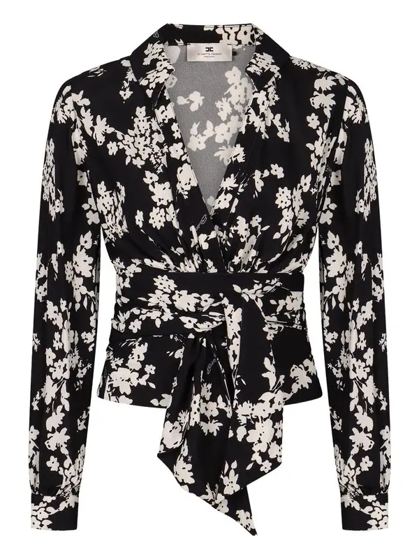 Elisabetta Franchi Floral Print V-neck Blouse - Black