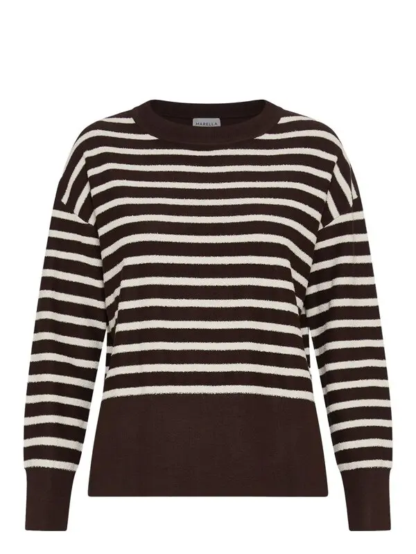 Marella Striped Bouclé Sweater With Drop Shoulder And Side Slits - Brown