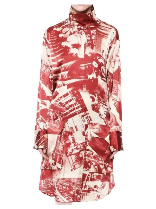 Celine High Collar Long Sleeve Graphic Print Dress - Pink