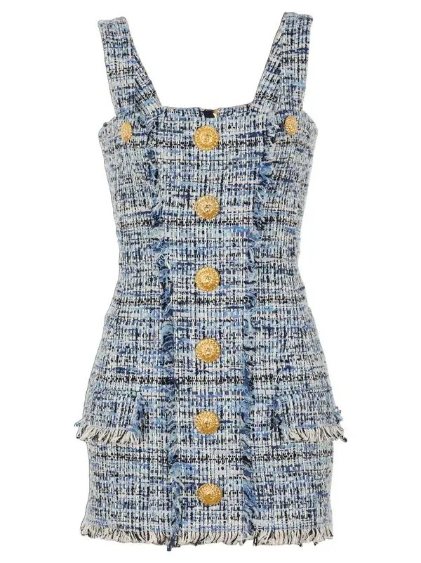 Balmain Short Tweed Dress With Gold Button Detail - Blue