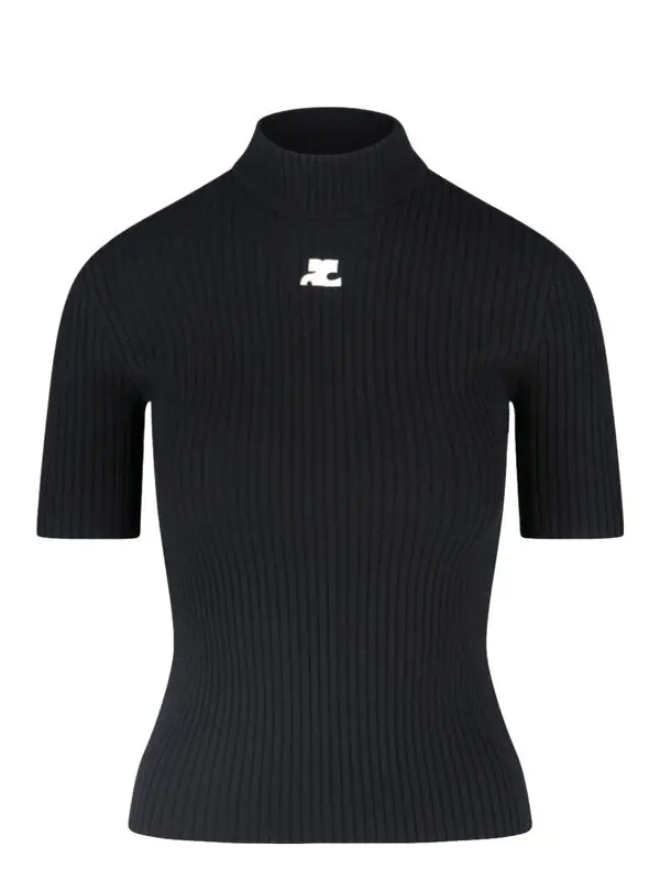 COURREGES Courrèges Ribbed High Neck Short Sleeve Top With Logo - Black