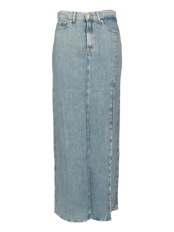 7 For All Mankind Long Denim Skirt With High Slit - Light Blue