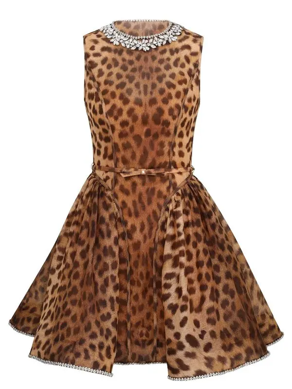 Zimmermann Print Crystal Embellished Pleated Mini Dress - Leopard