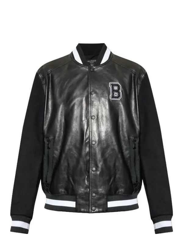Balmain Varsity Lambskin Leather And Wool Jacket - Black