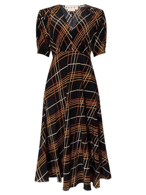 Marni Checked V-neck Dress With Bubble Sleeves - Black