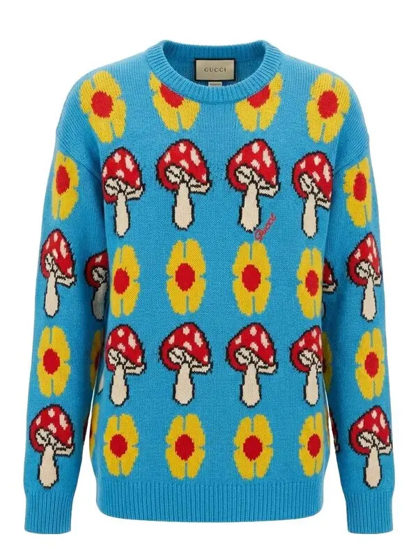 Gucci Jacquard Mushroom And Floral Crew Neck Jumper - Blue