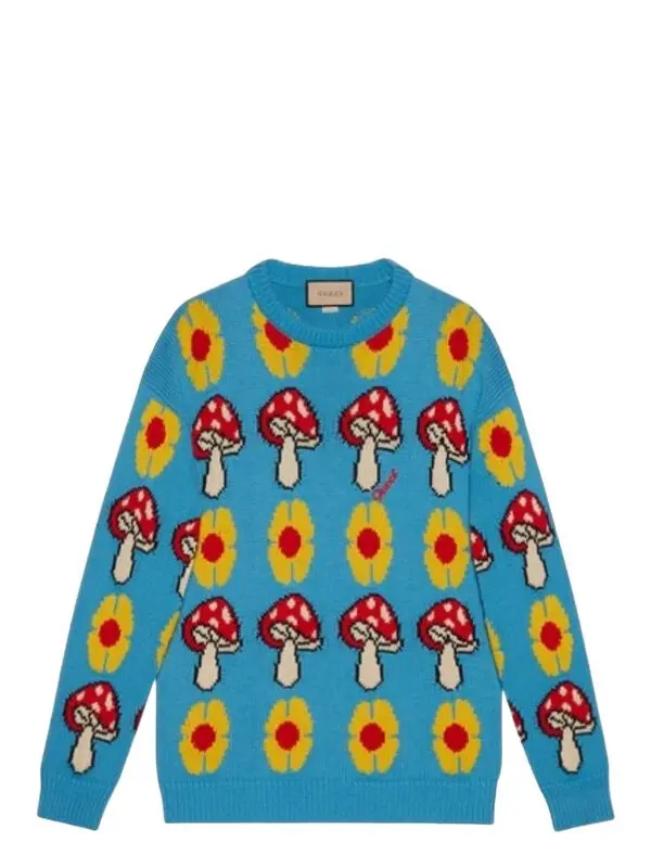 Gucci Jacquard Mushroom And Floral Crew Neck Jumper - Blue