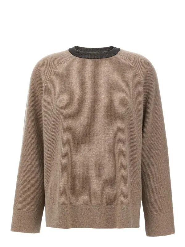 Brunello Cucinelli Crewneck Ribbed Knit Jumper With Monile Applique - Taupe