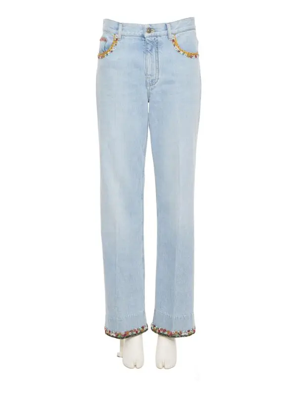 Valentino Garavani Embroidered Floral Hem Wide Leg Jeans - Denim Blue