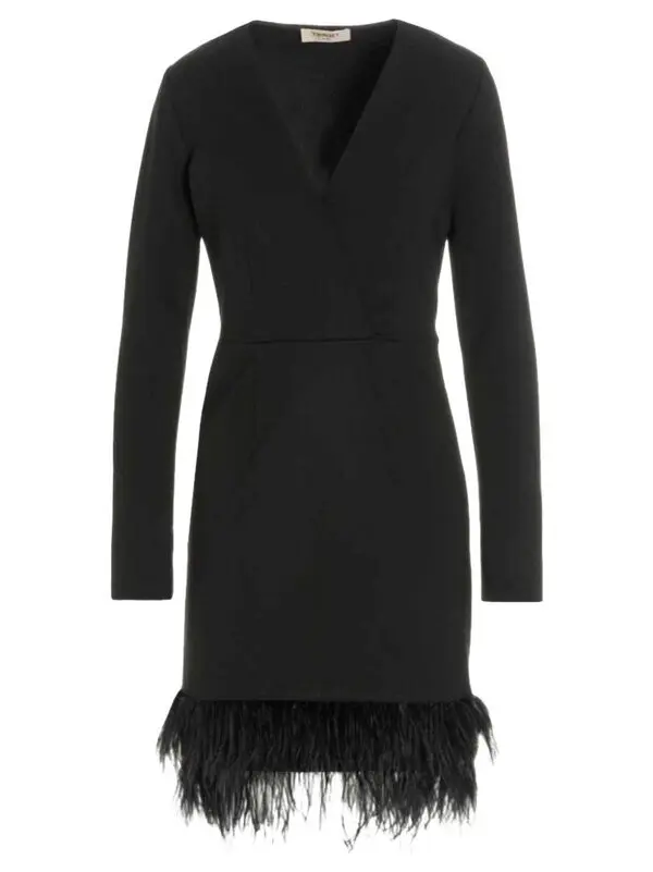 TWINSET Feather Trim V-neck Mini Dress - Black