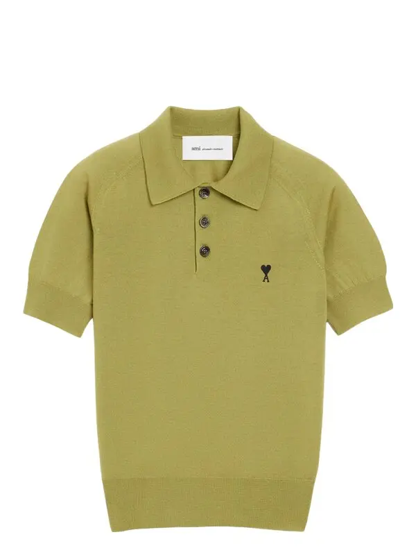 AMI Paris Logo Embroidered Knitted Polo Top - Matcha/black