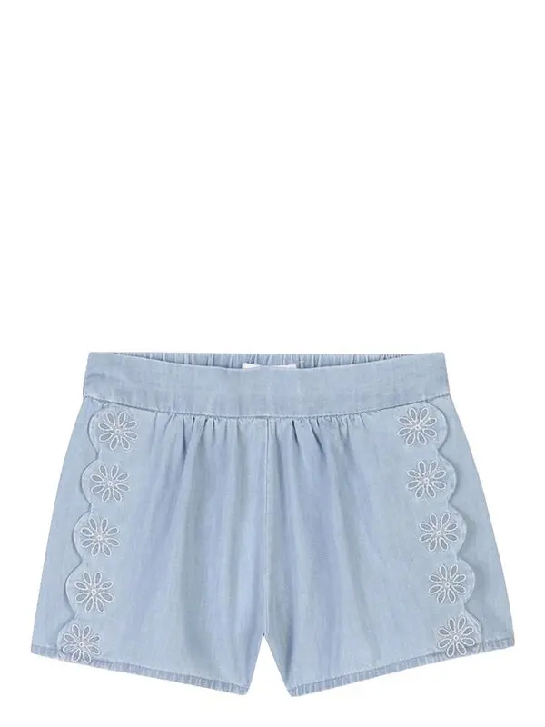 Chloé Scalloped Floral Embroidered Denim Shorts - Blue