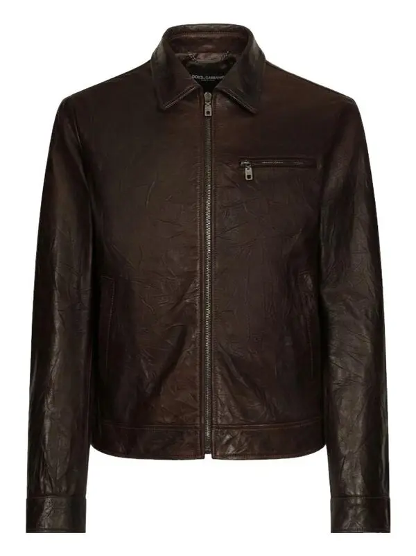 Dolce & Gabbana Crinkled Effect Leather Zip Jacket - Brown