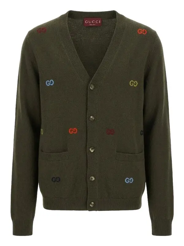 Gucci Multicolored Gg Intarsia V-neck Cardigan - Forest Green