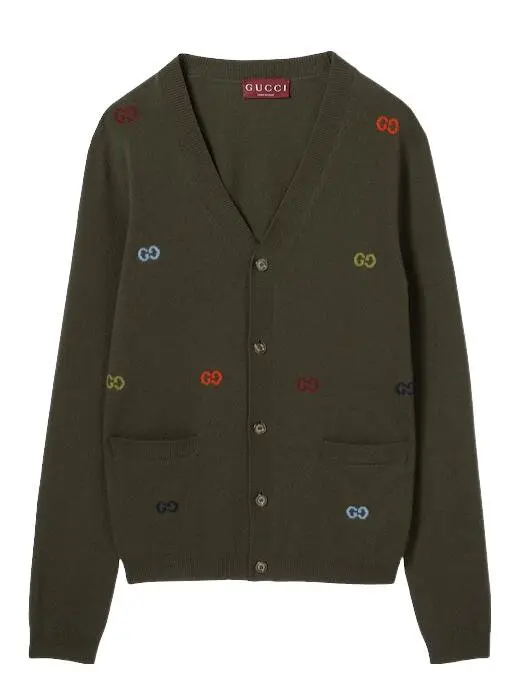 Gucci Multicolored Gg Intarsia V-neck Cardigan - Forest Green