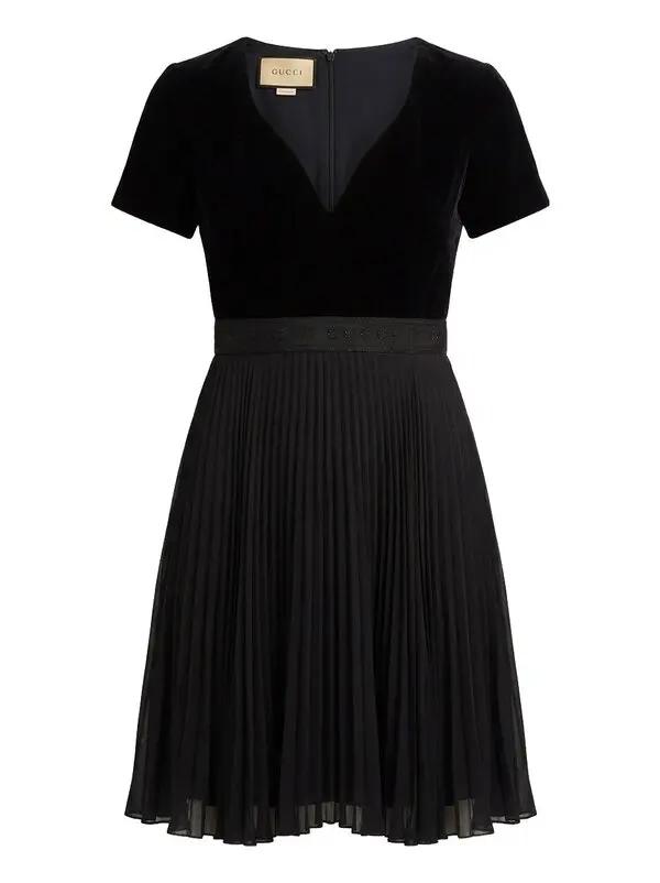 Gucci Pleated Mini Dress With Logo Waistband - Black