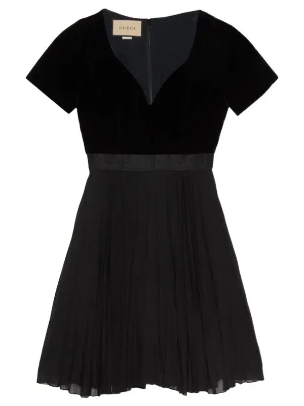 Gucci Pleated Mini Dress With Logo Waistband - Black