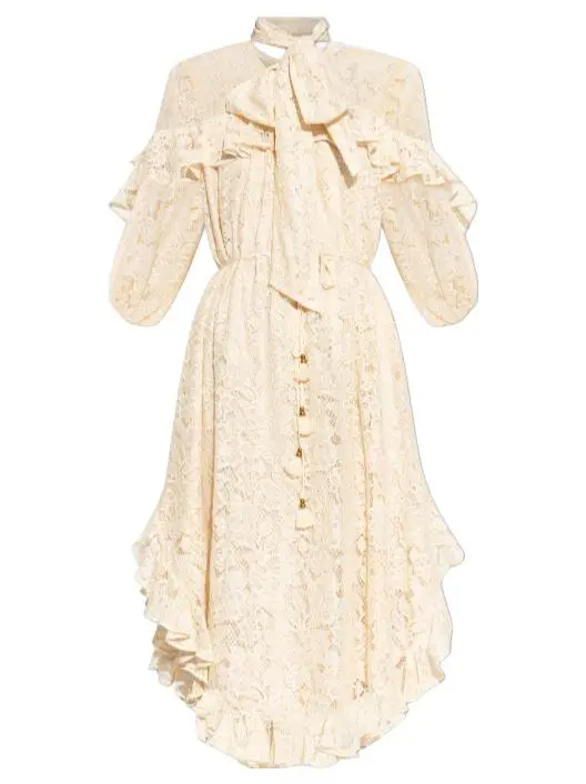 Zimmermann Lace Long Sleeve Dress With Bow Detail - Cream