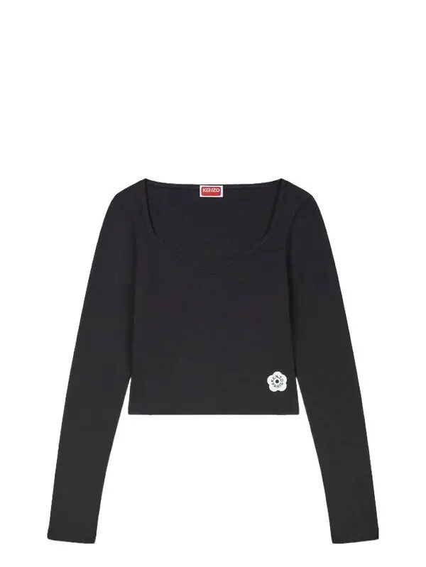 Kenzo Ribbed Long-sleeve Top With Logo Detail - Black