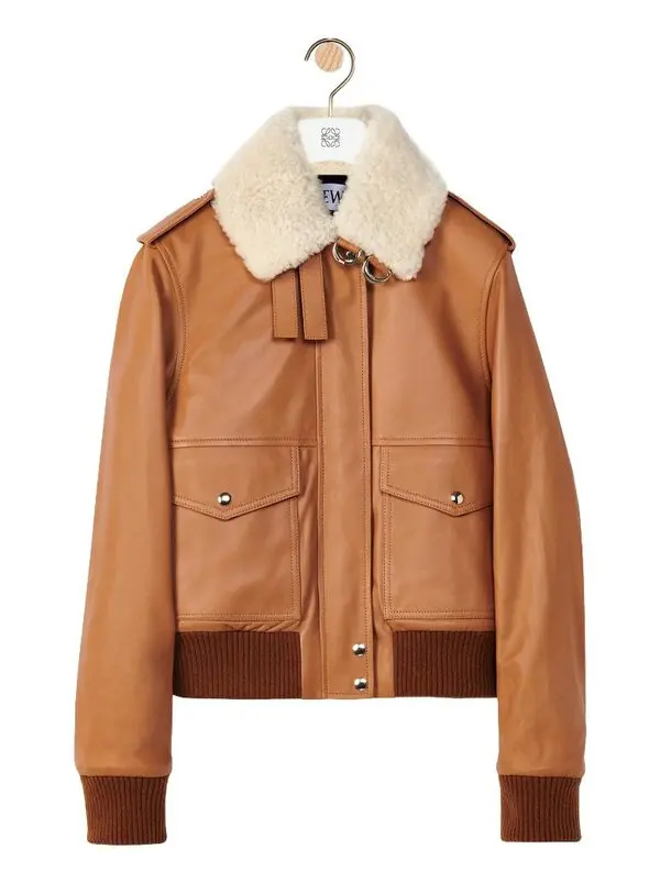 Loewe Zip-up Leather Pilot Jacket With Shearling Collar - Brown