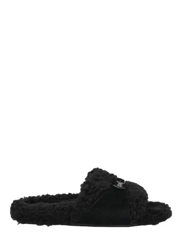 Balenciaga Faux Fur Slides With Studs And Buckle - Black