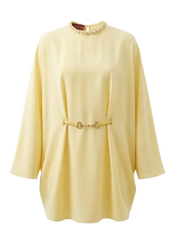Gucci Cady Horsebit Belt Dress With Embellished Neckline - Light Yellow