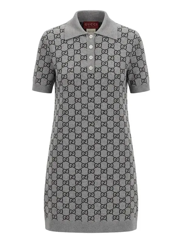Gucci Gg Wool Jacquard Polo Dress - Gray