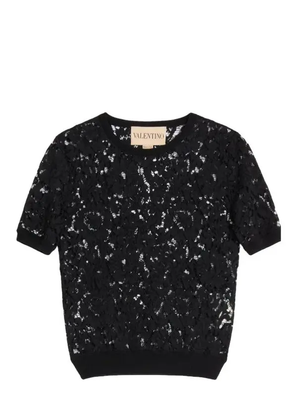 Valentino Garavani Lace Crewneck Short Sleeve Top - Black