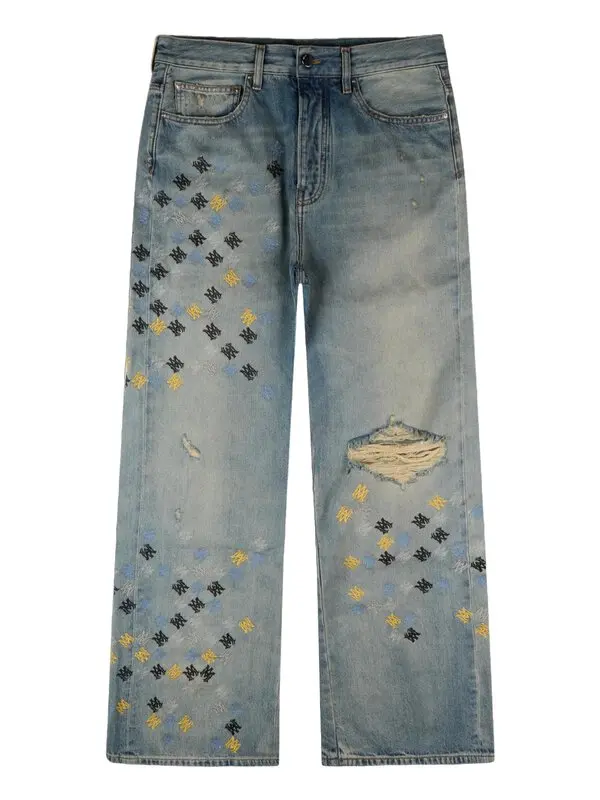 Amiri Antique Indigo Embroidered Distressed Jeans - Gray