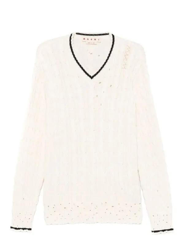Marni V-neck Knitted Jumper With Ribbed Details - White