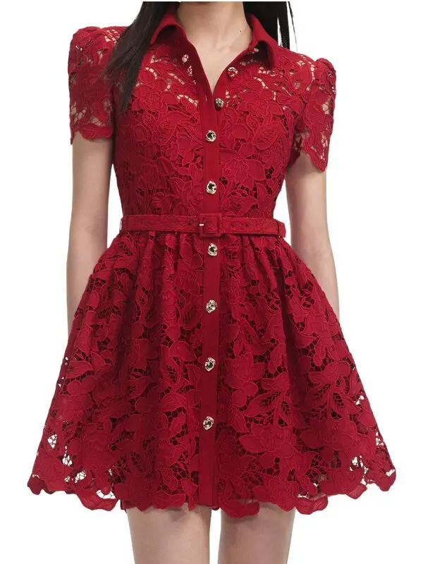 SELF-PORTRAIT Floral Lace Puff Sleeve Midi Dress - Wine Red