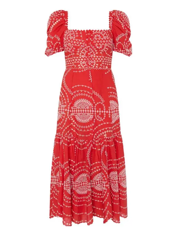 Charo Ruiz Ibiza Kaysa Long Dress With Puff Sleeves And Ruffled Hem - Red