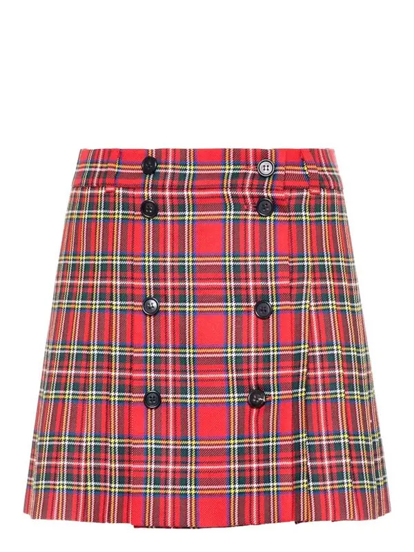 Miu Miu Plaid Pleated Mini Skirt With Buckle Detail - Red