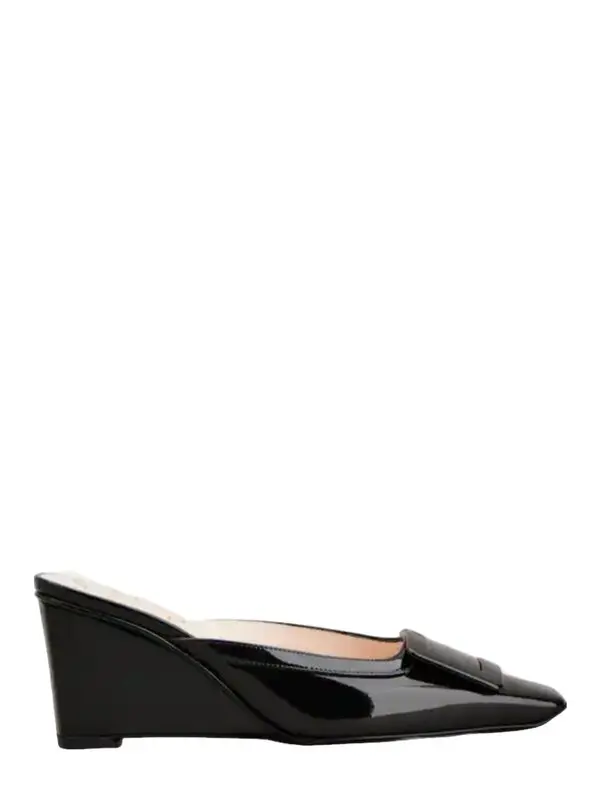 ROGER VIVIER Belle Vivier Patent Leather Wedge Mules With Painted Buckle - Black