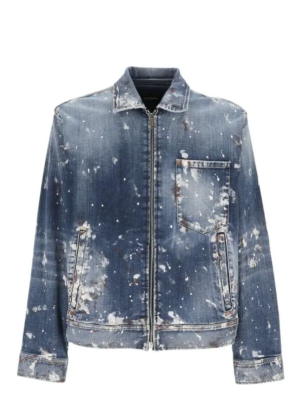 Dsquared2 Washed Denim Jacket With Red Spots And Zipper Closure - Blue