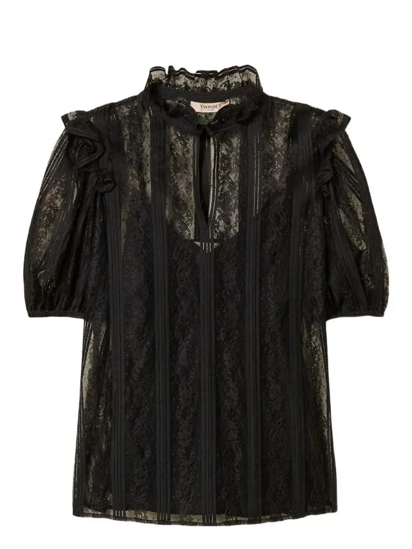 TWINSET Sheer Lace High Neck Top - Black