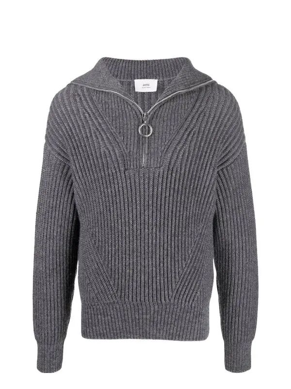 Ami Half-zip Ribbed-knit Sweatshirt - Gray