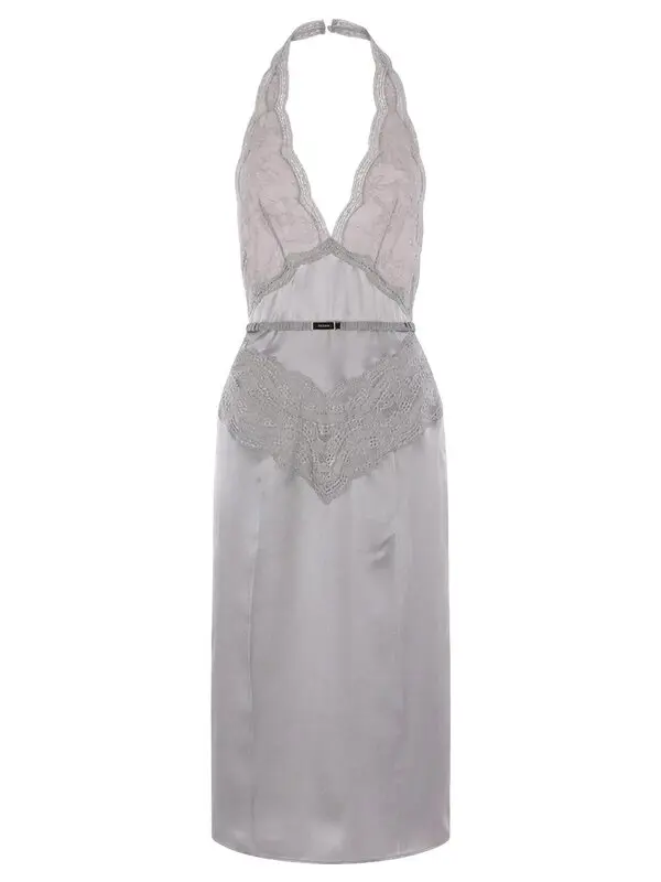 Gucci Silk Satin Dress With Lace Trims And Belt - Grey