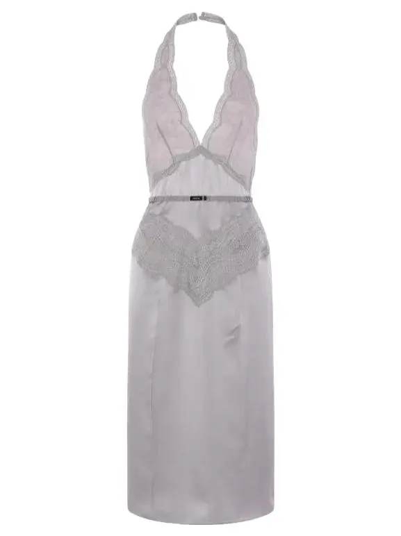 Gucci Lace Detailed Satin Halterneck Dress - Grey