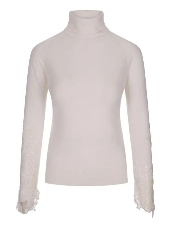 Ermanno Scervino Virgin Wool Jumper With Floral Lace Detail - White