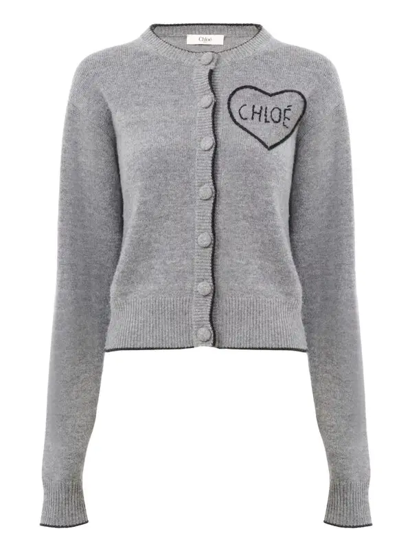 Chloé Fitted Crewneck Knitted Cardigan With Embroidered Logo - Holy Ash