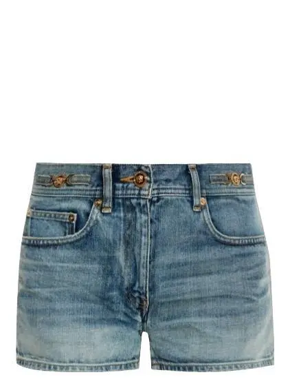 Versace Logo Patch Denim Shorts - Blue