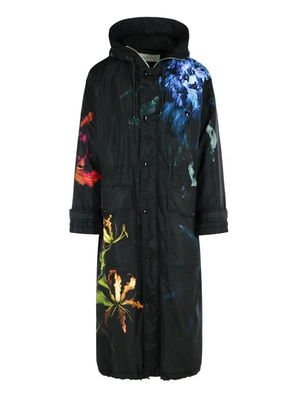 Dries Van Noten Long-sleeved Hooded Coat With Floral Print - Black