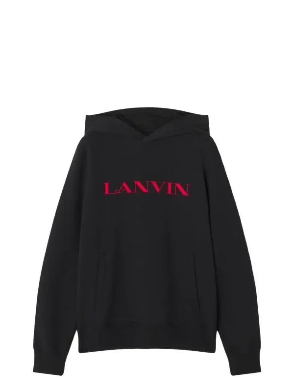 LANVIN Logo Embroidered Kangaroo Pocket Hoodie - Black