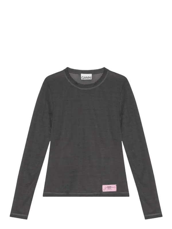 GANNI Sheer Mesh Long Sleeve Top - Phantom Black