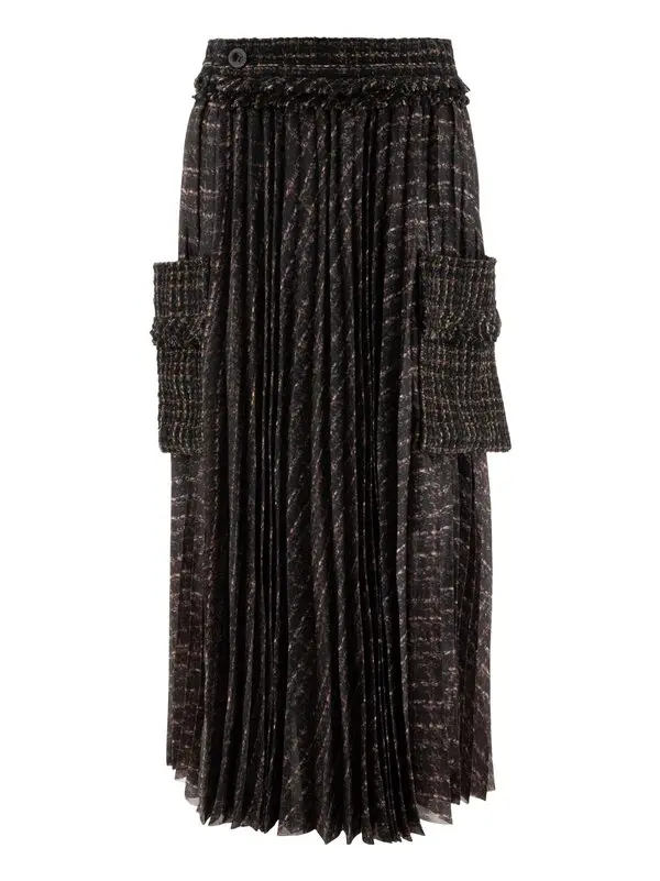 Sacai Pleated Tweed Midi Skirt With Printed Inserts And Large Pockets - Black