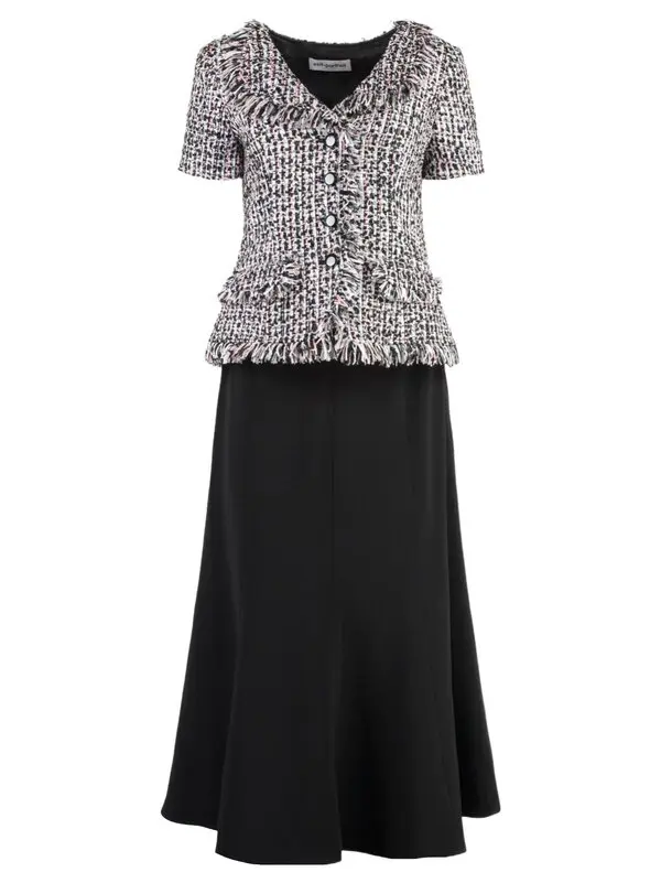 SELF-PORTRAIT V-neck Flared Midi Dress With Frayed Details - Black