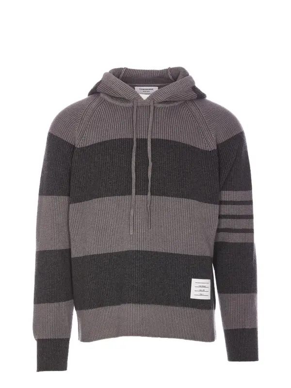 Thom Browne 4-bar Striped Knitted Drawstring Hoodie - Black