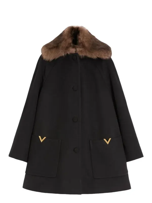 Valentino Garavani Logo Plaque Wool Coat With Fur Collar - Black