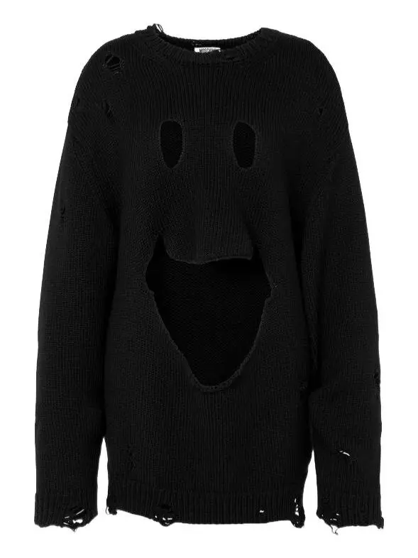 Moschino Smiley Face Cut-out Distressed Sweater - Black